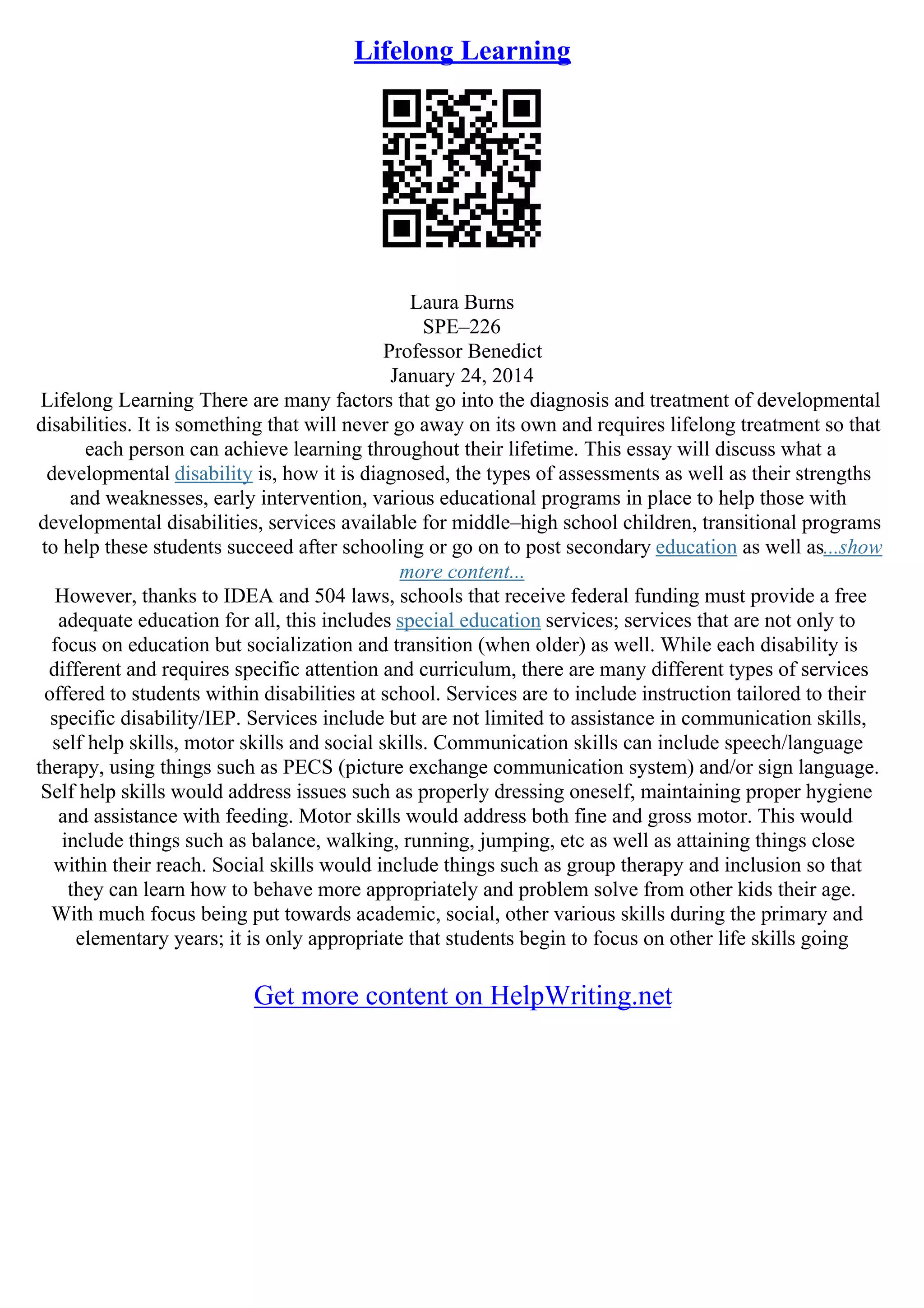 Lifelong Learning Essay | PDF | Special Education | Education