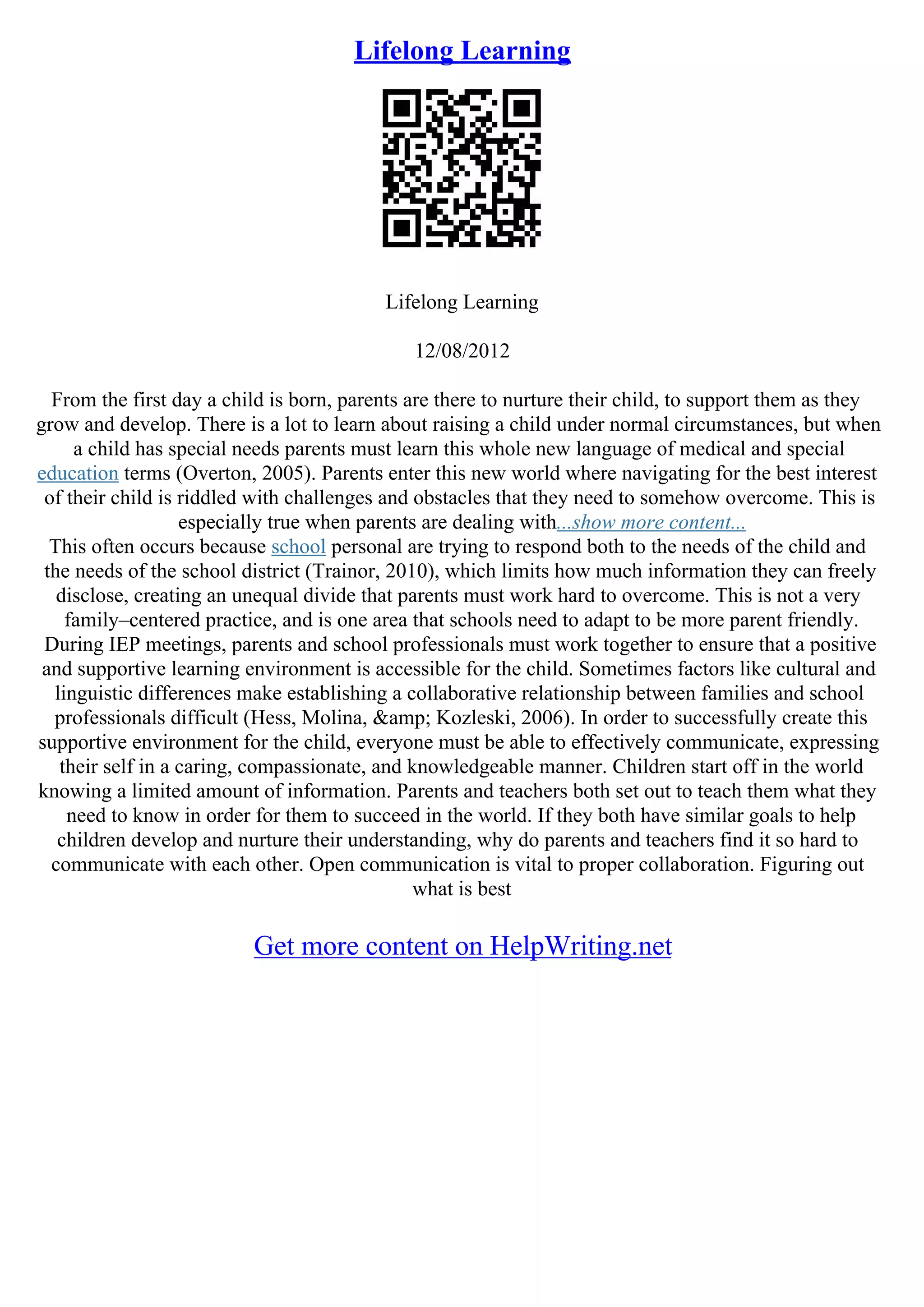 Lifelong Learning Essay | PDF | Special Education | Education
