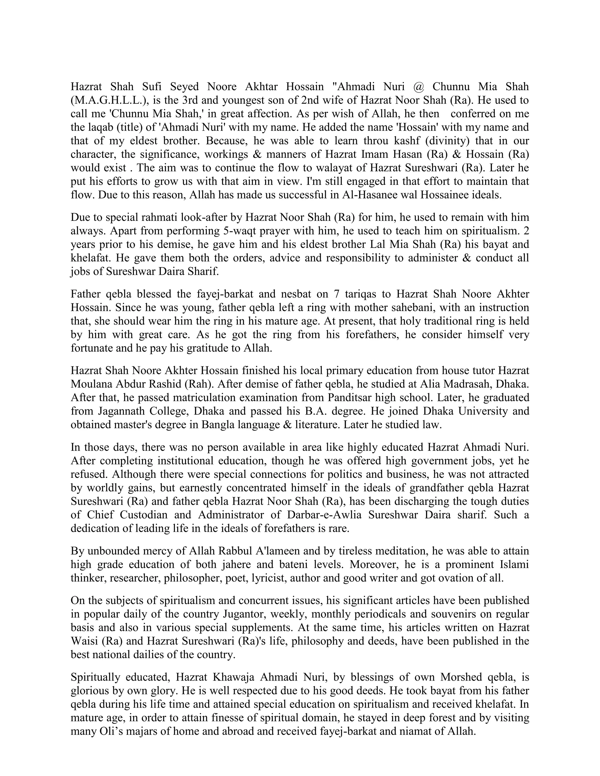 Life of hazrat shah noore akhtar hossain ahmadi nuri | PDF