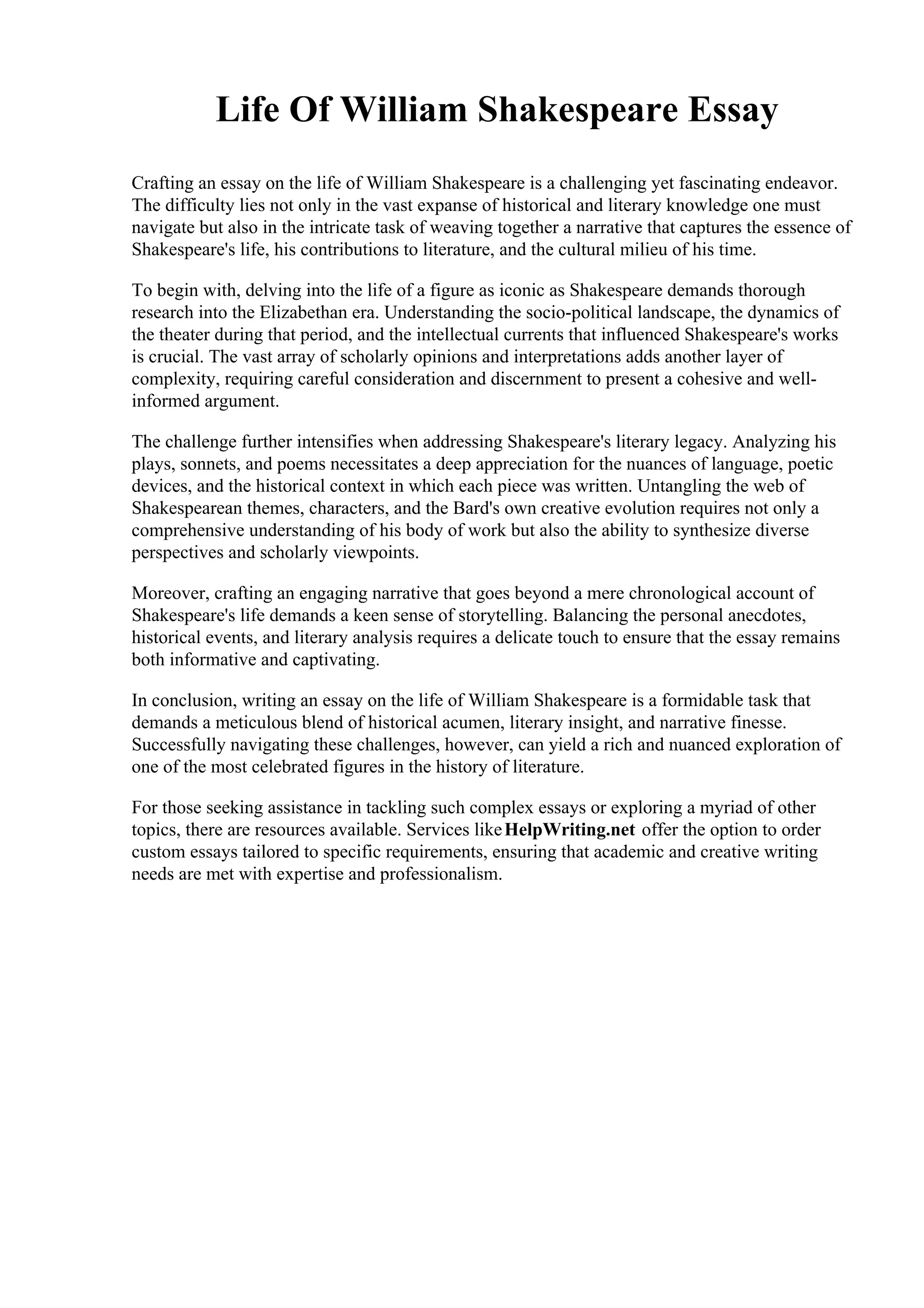 Life Of William Shakespeare Essay. Missouri University of Science and ...