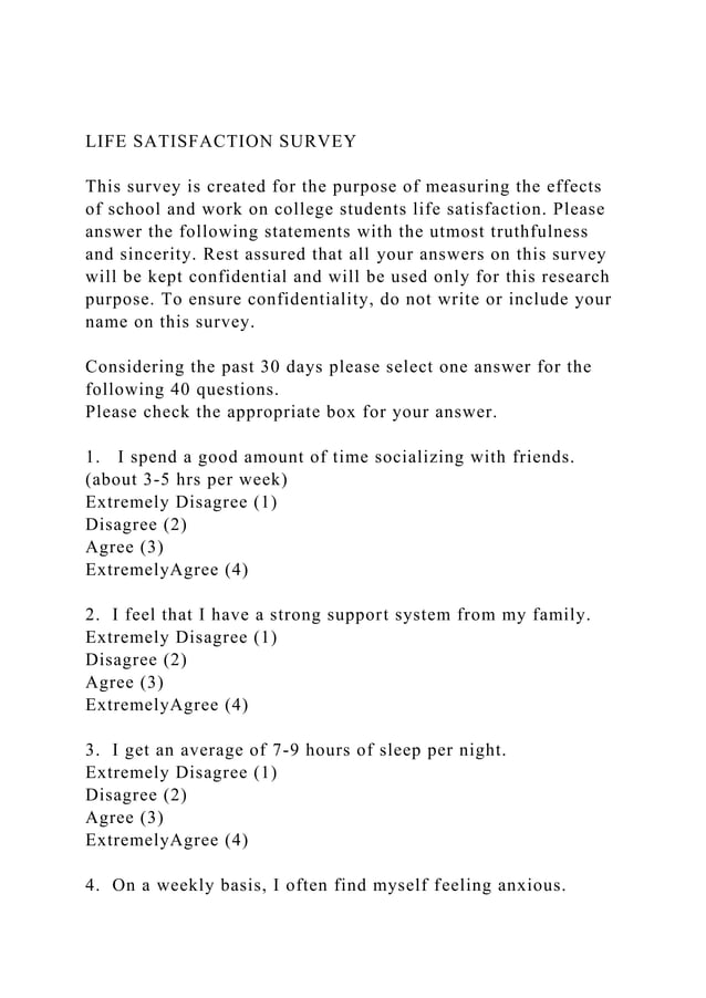 LIFE SATISFACTION SURVEY This survey is created for the purpos.docx