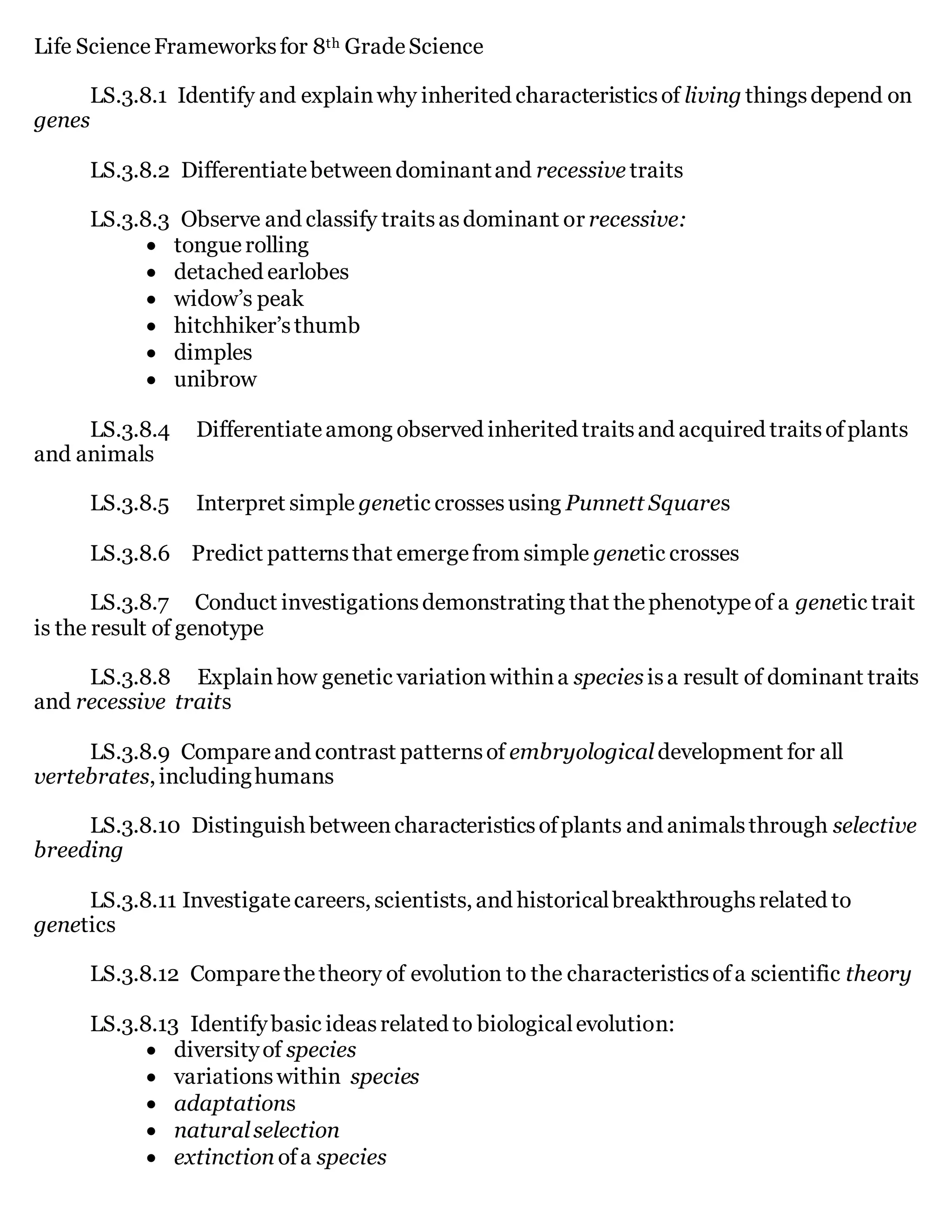 Life Science Frameworks For 8th Grade Science | DOC