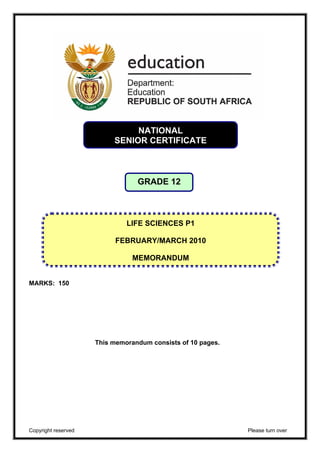 Life sciences p1 feb march 2010 eng memo | PDF