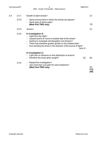 Life sciences p1 gr 12 exemplar 2014 memo eng | PDF