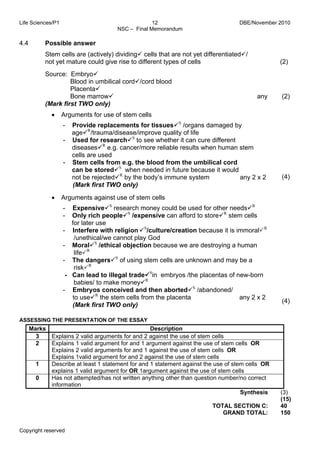 Life sciences p1 nov 2010 memo eng | PDF