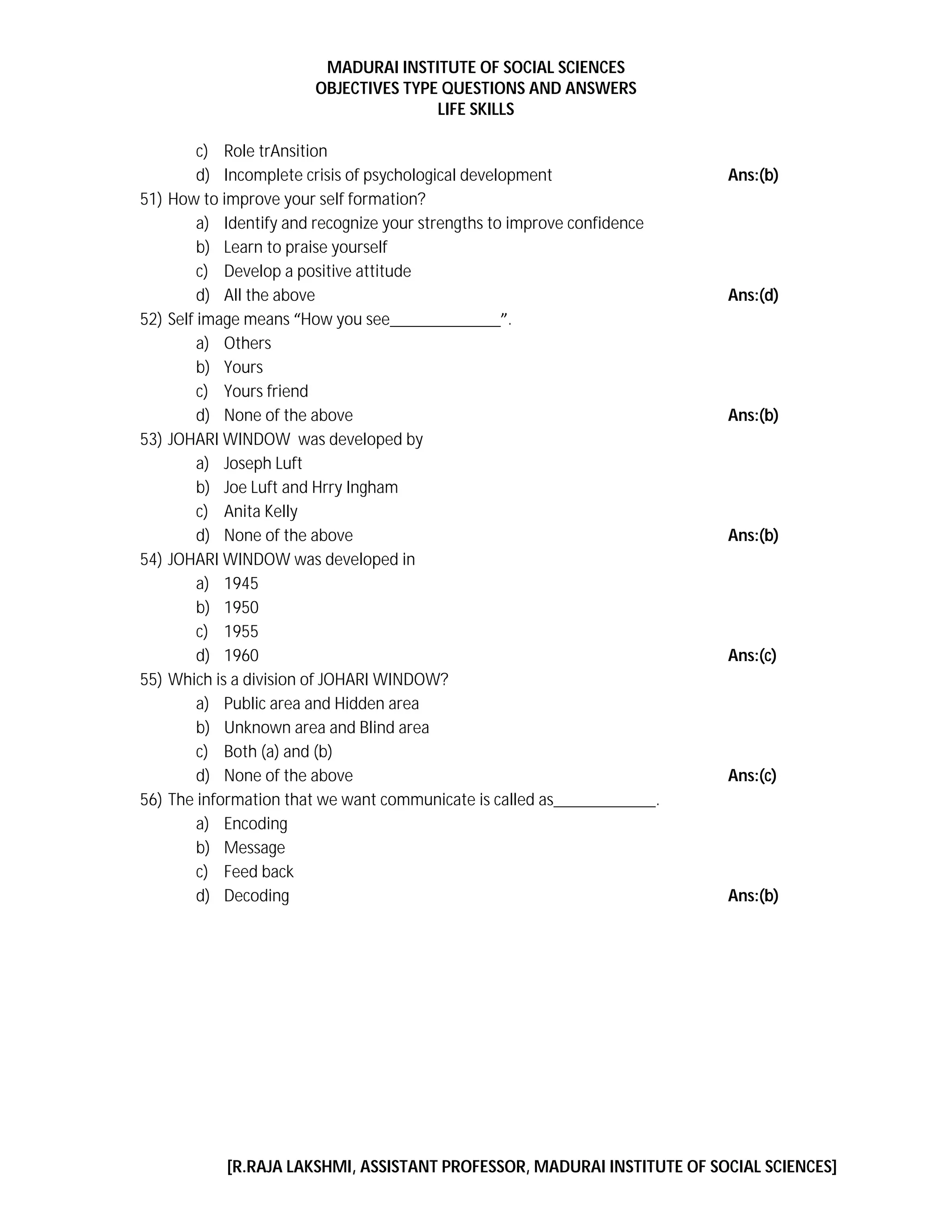 Life skills objective type question and answers | PDF