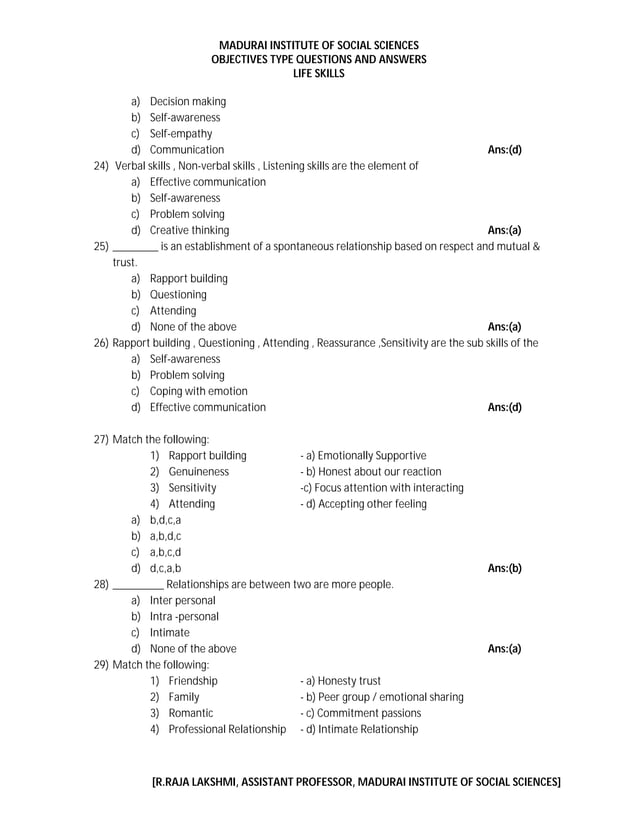 Life skills objective type question and answers | PDF