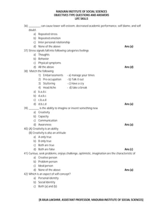 Life skills objective type question and answers | PDF