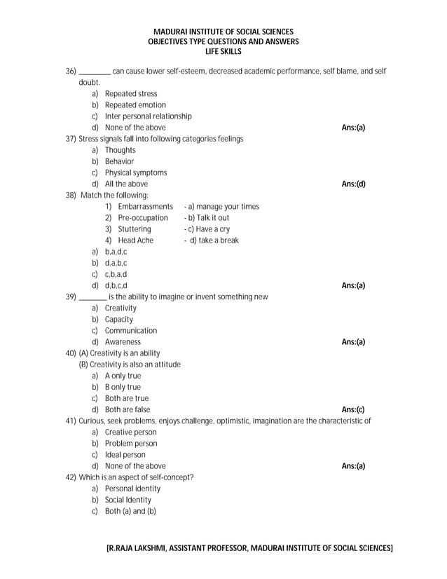 Life skills objective type question and answers | PDF