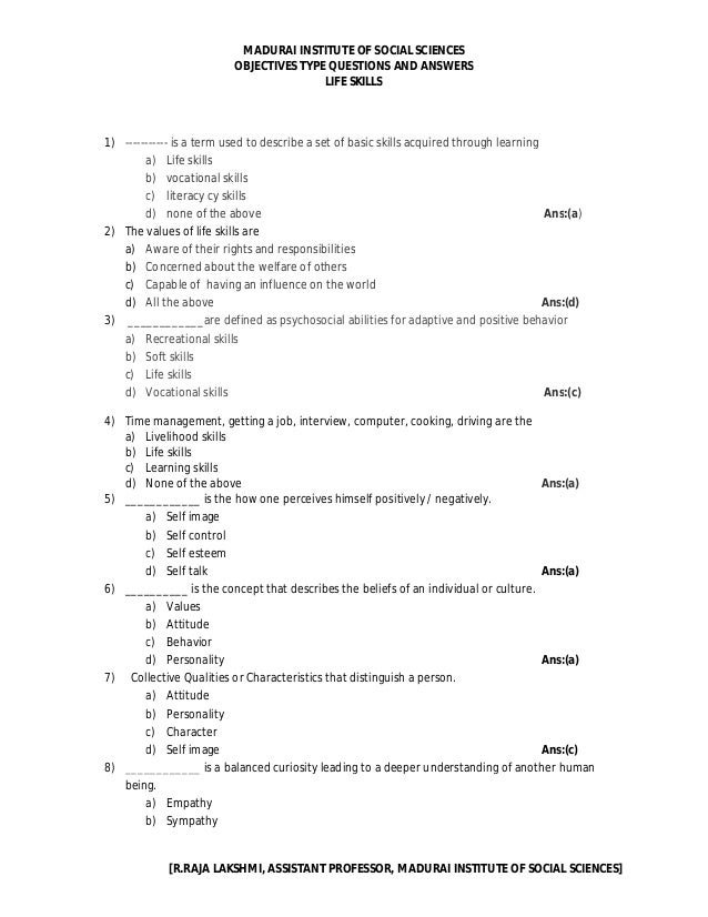 Life Skills Objective Type Question And Answers Life Skills Objective Type Question And Answers