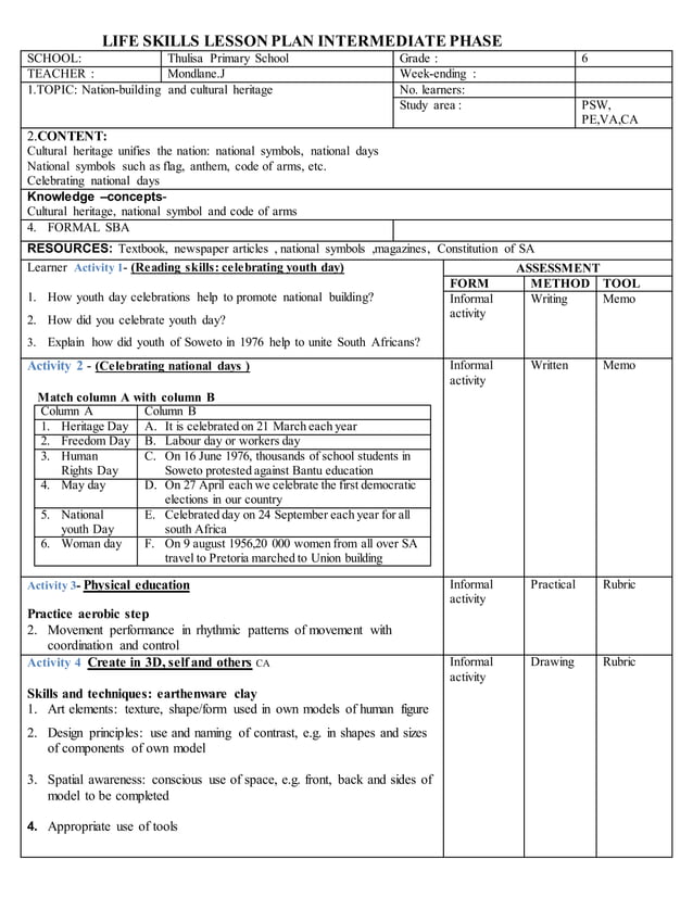 Life skills lesson plan intermediate phas gr6 | DOCX | Primary ...