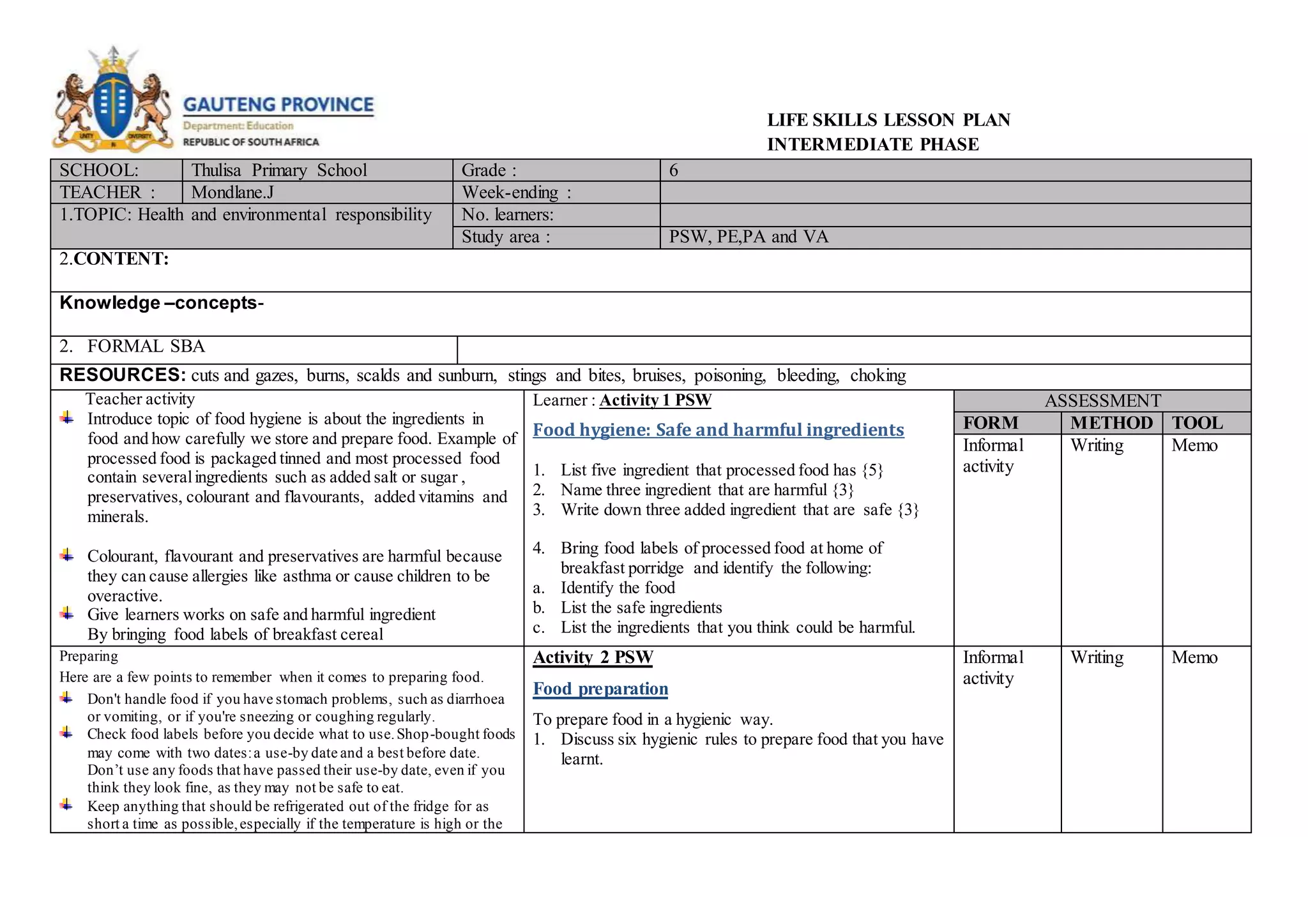 Life skills lesson plan term 4 | DOCX