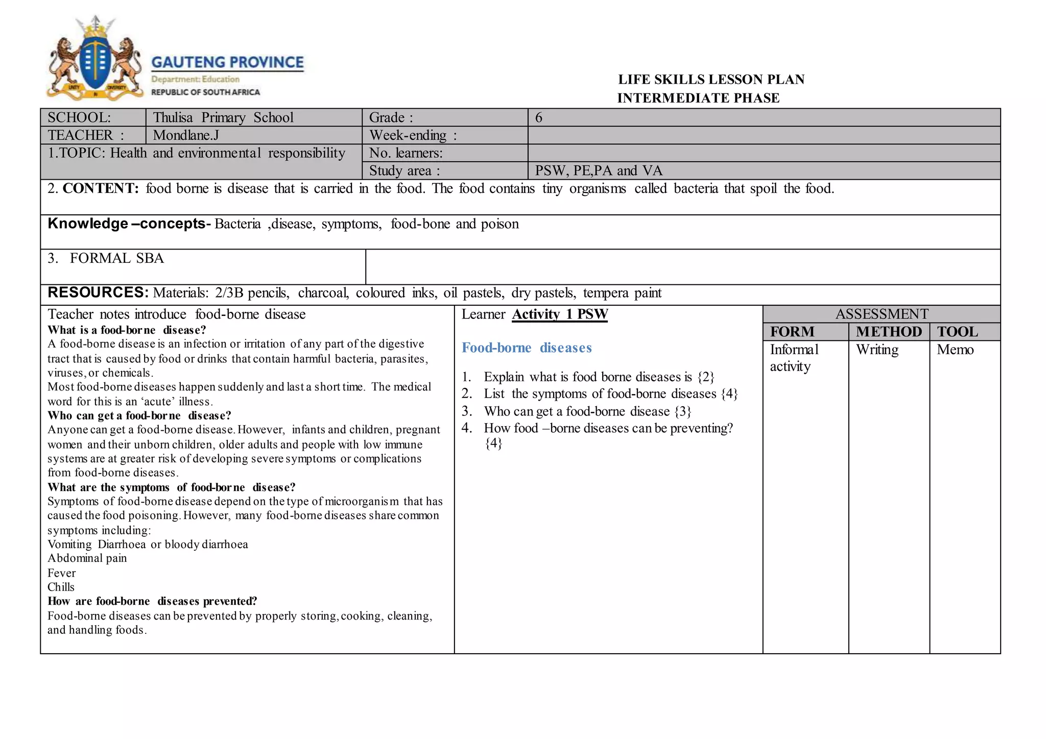 Life skills lesson plan term 4 | DOCX