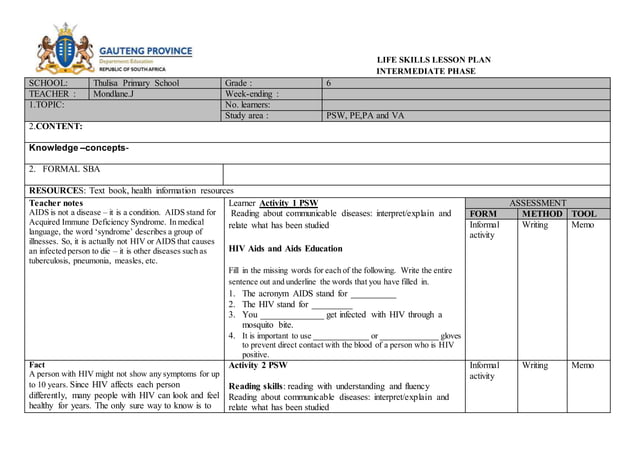 Life skills lesson plan term 4 | DOCX