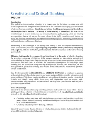 CREATIVITY & CRITICAL THINKING - Life Skills Training for High School | PDF