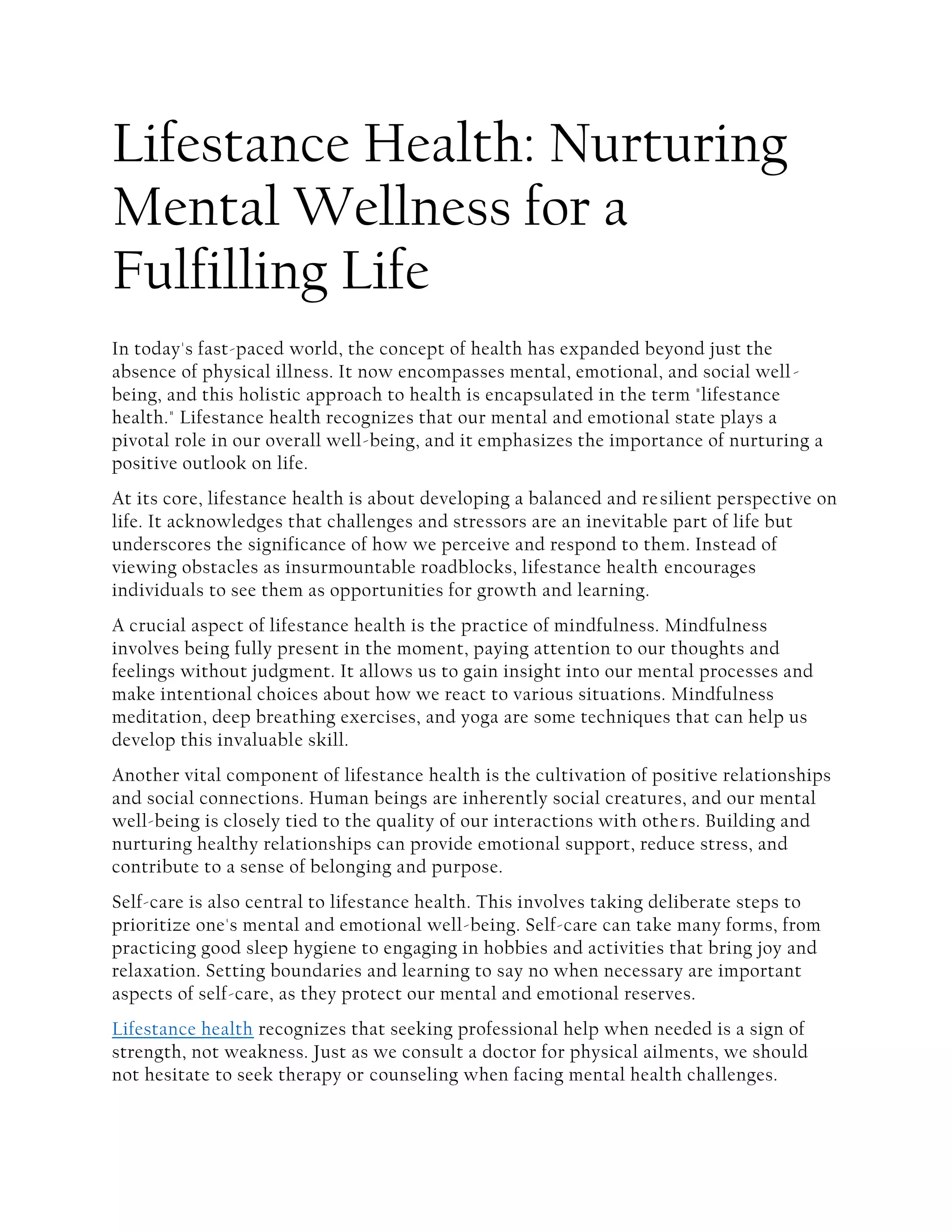 Lifestance Health: Nurturing Mental Wellness for a Fulfilling Life | PDF