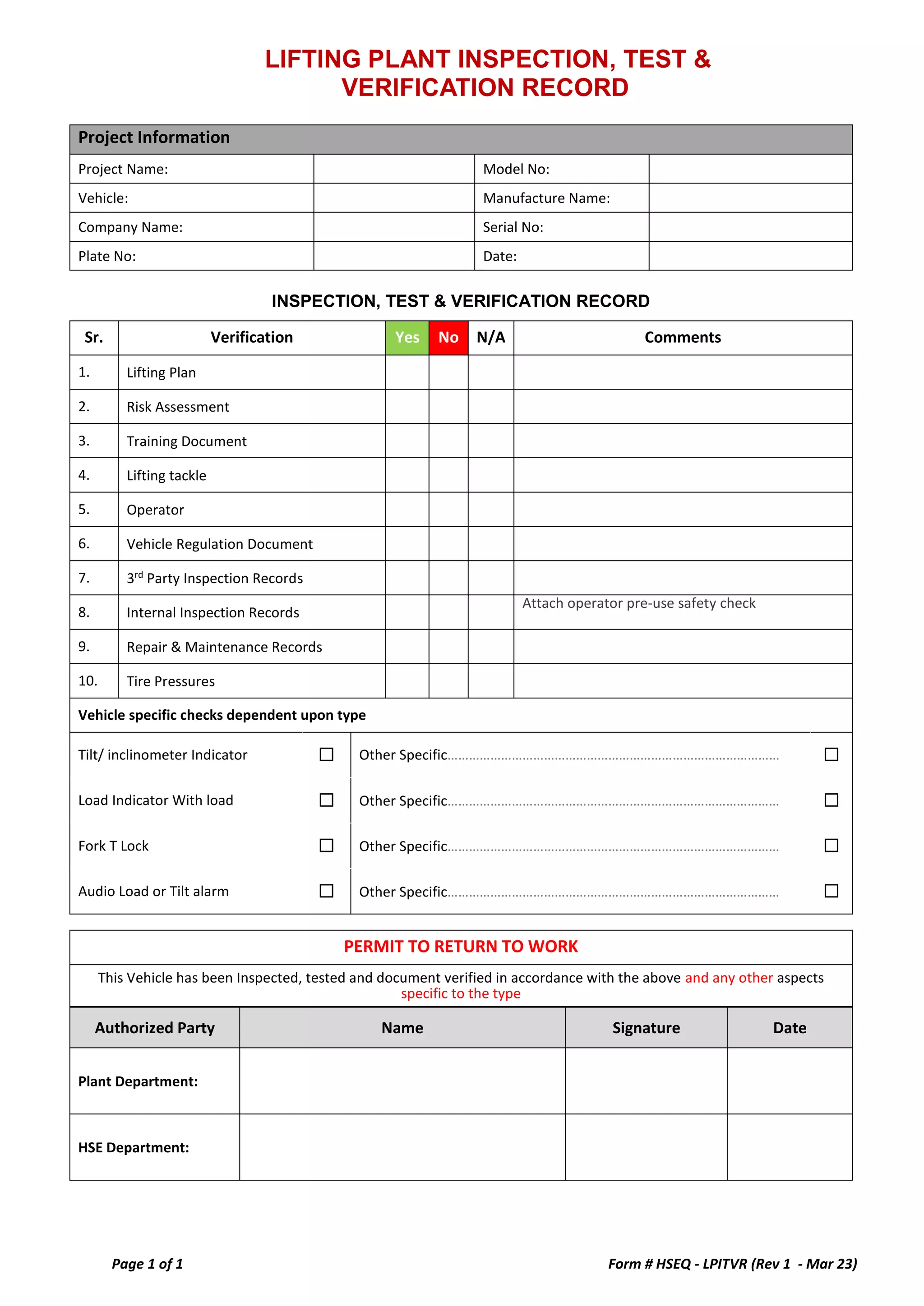 LIFITNG PLAN INSPECTION, TEST & VERIFICATION RECORD Form # HSEQ ...