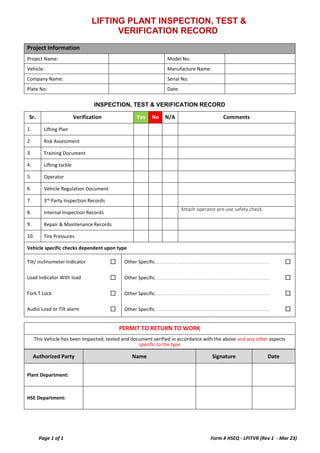 LIFITNG PLAN INSPECTION, TEST & VERIFICATION RECORD Form # HSEQ ...