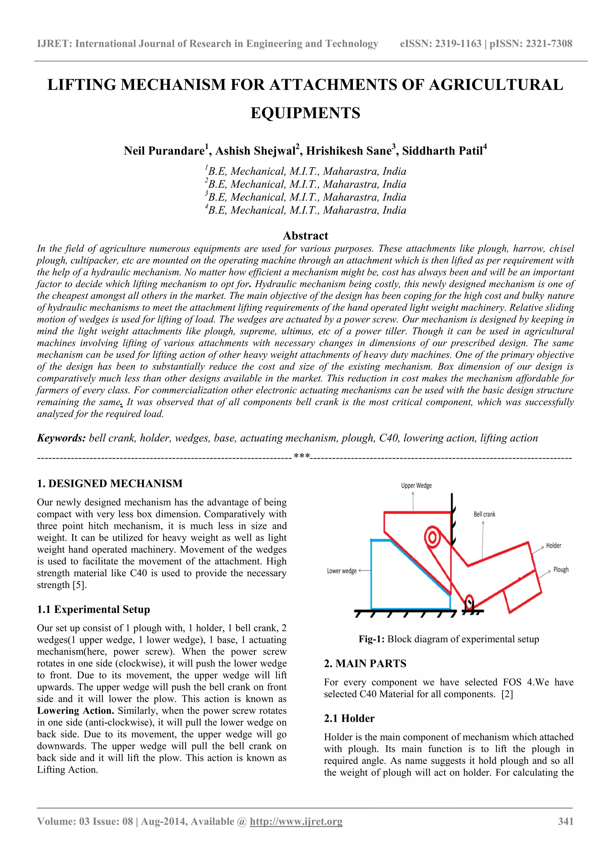 Lifting mechanism for attachments of agricultural equipments | PDF