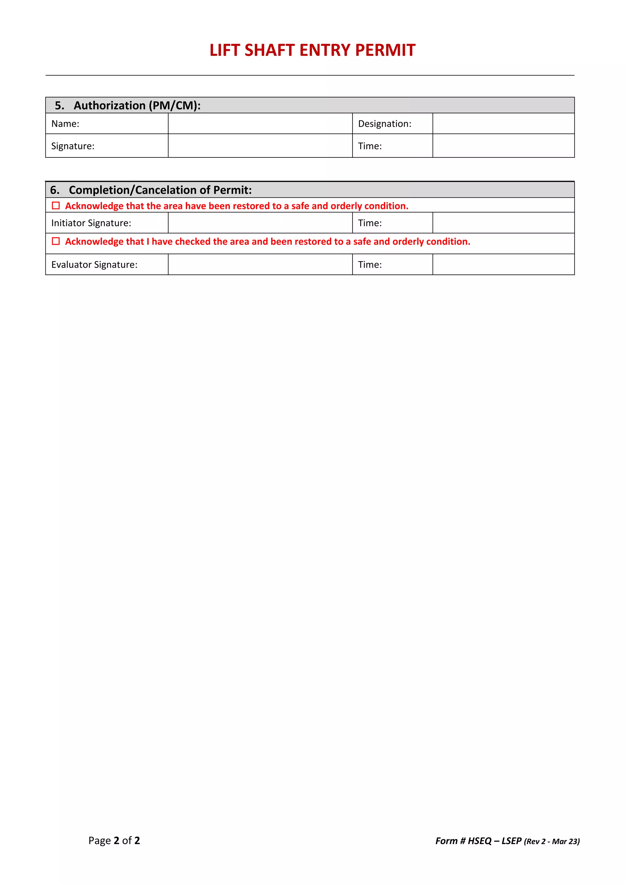 LIFT SHAFT ENTRY PERMIT Form # HSEQ - LSEP Rev 2 -.docx