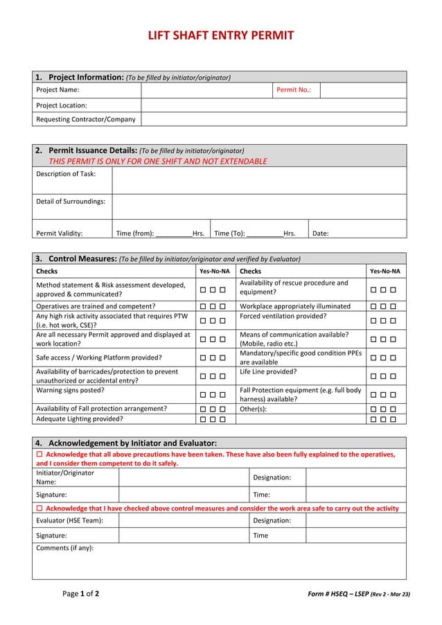 LIFT SHAFT ENTRY PERMIT Form # HSEQ - LSEP Rev 2 -.docx