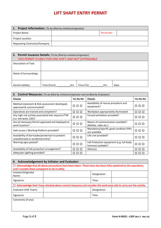 LIFT SHAFT ENTRY PERMIT Form # HSEQ - LSEP Rev 2 -.docx