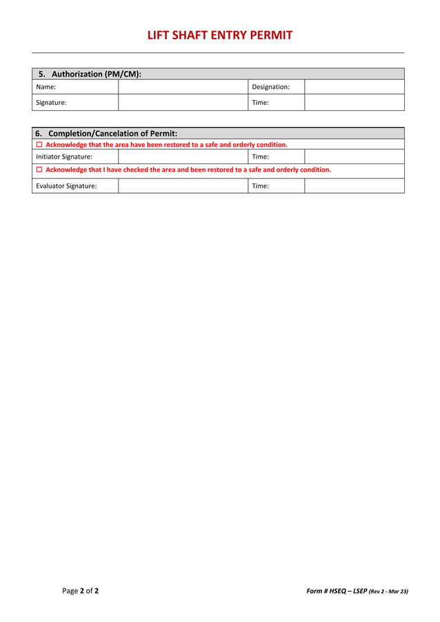 LIFT SHAFT ENTRY PERMIT Form # HSEQ - LSEP Rev 2 -.docx