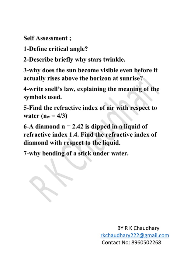 Refraction of light -2 class-10th | PDF