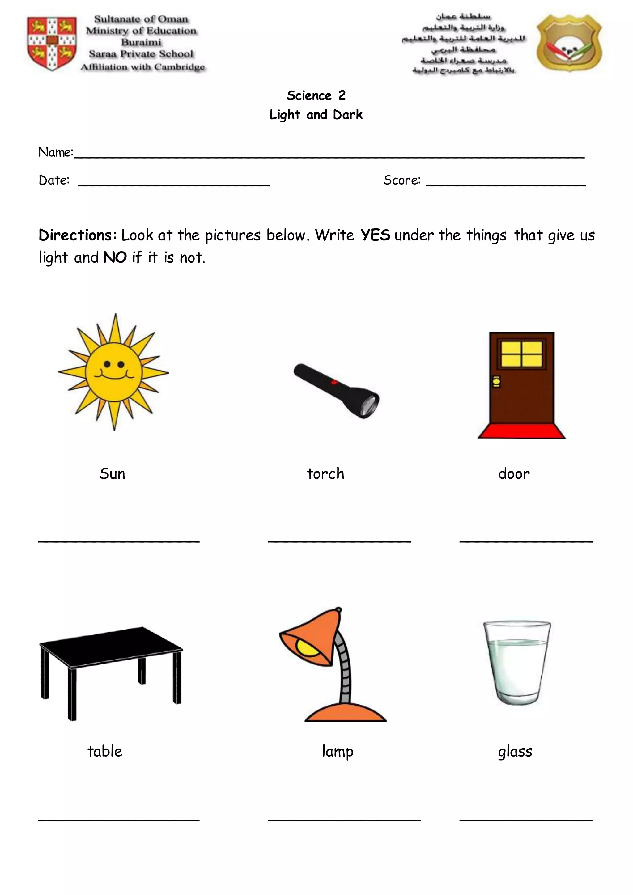 Light and dark worksheet | DOCX