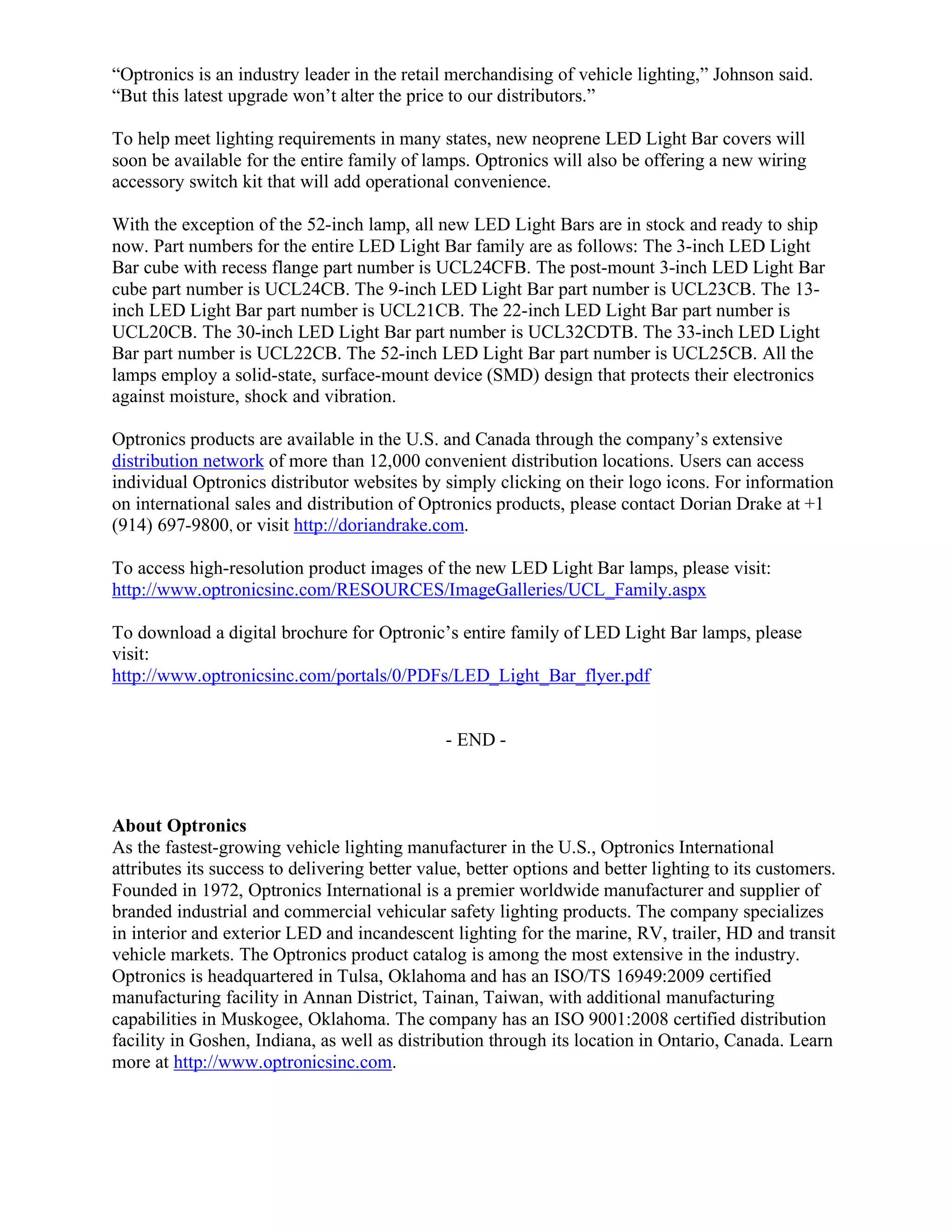 Optronics Expands LED Light Bar Family, Adding New Lengths, Beam ...