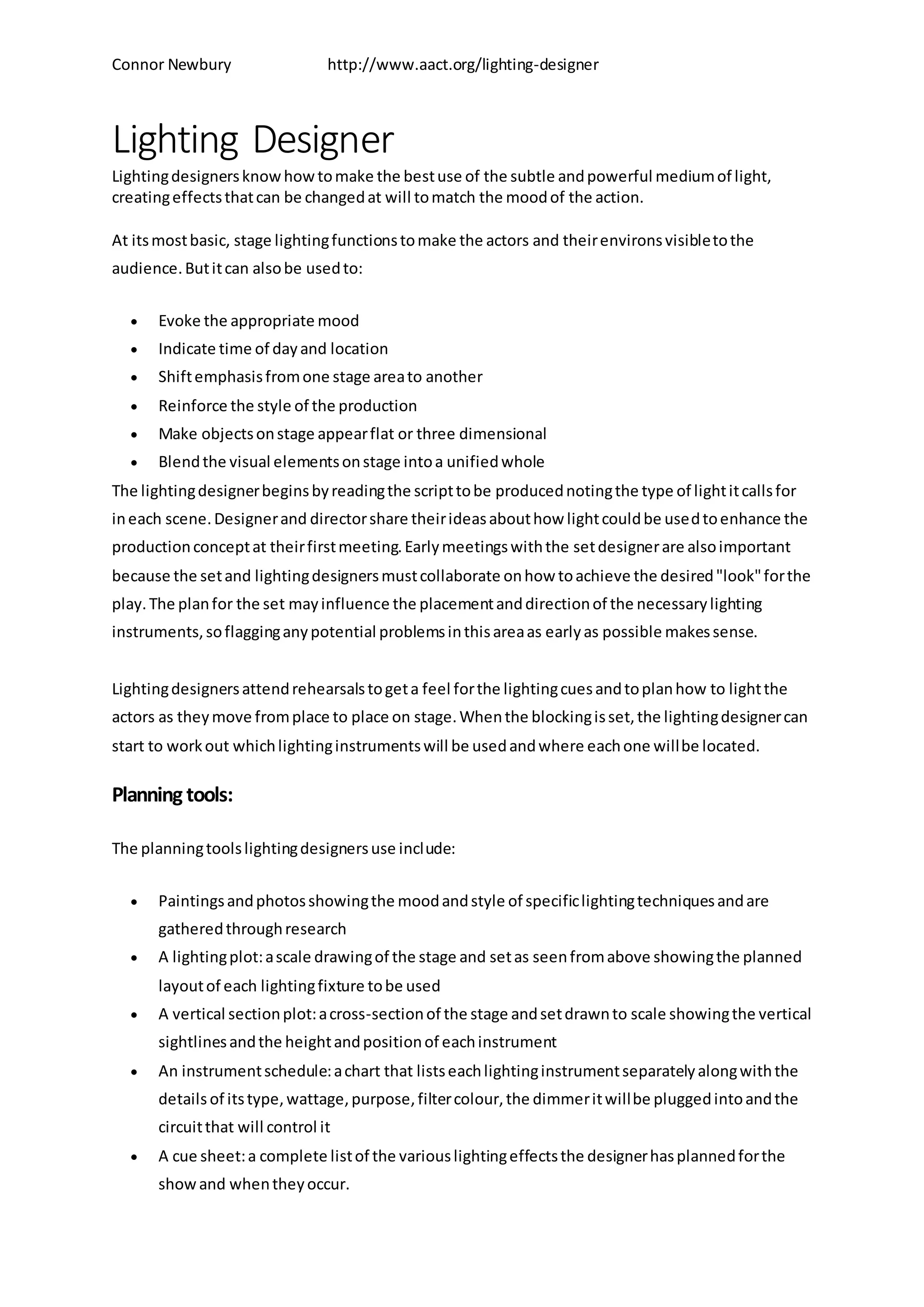 Role Of A Lighting designer | DOCX