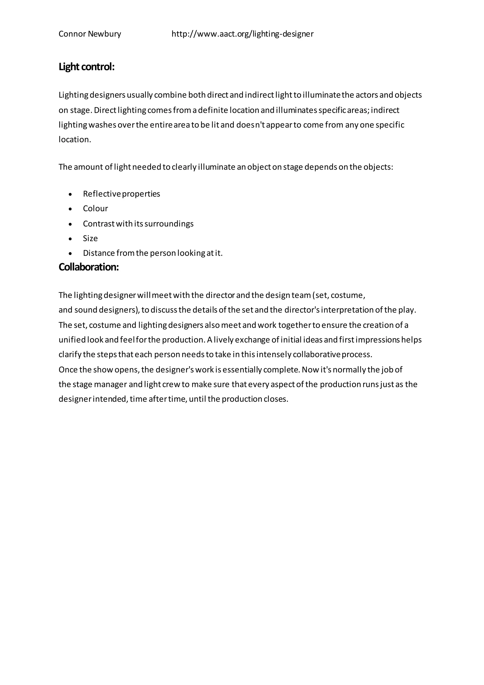 Role Of A Lighting designer | DOCX