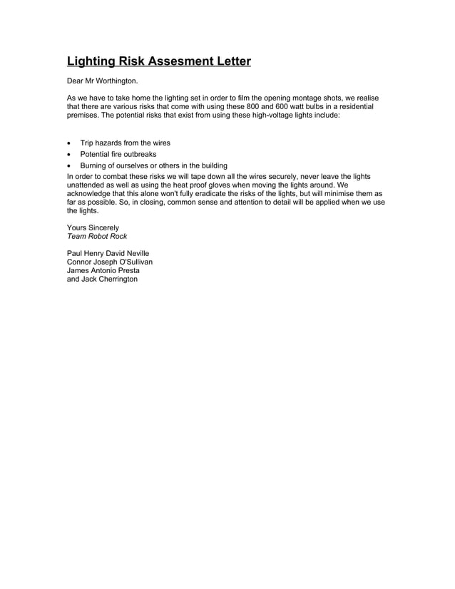 Lighting risk assesment letter | DOC | Indoor Environmental Quality ...