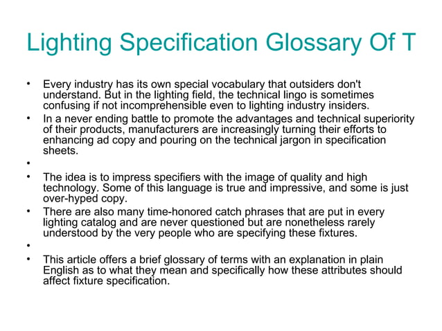 Lighting specification glossary of terms | PPT