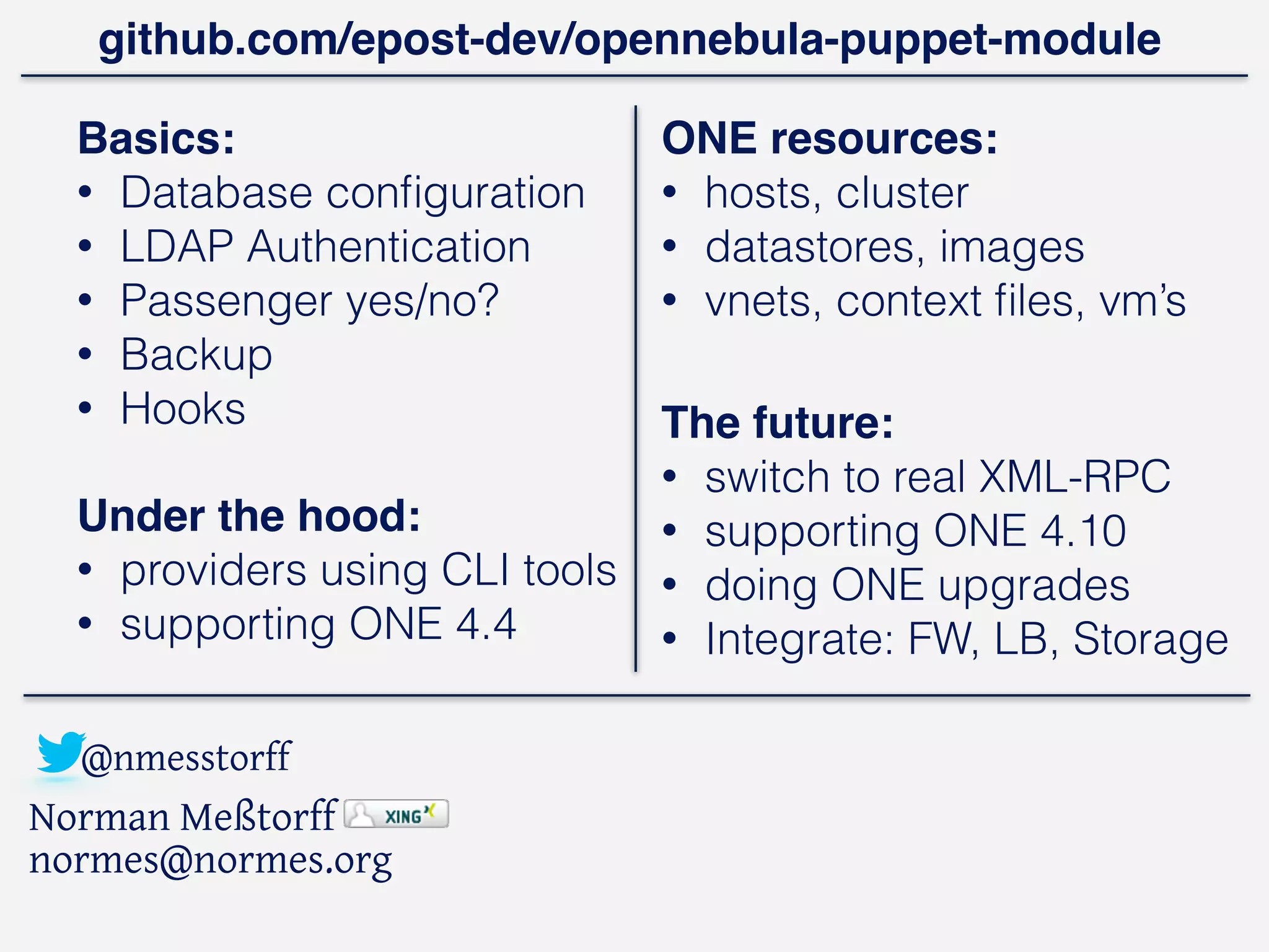 OpenNebula Conf 2014 | Lightning talk: OpenNebula Puppet Module - Norman Messtorff | PPT