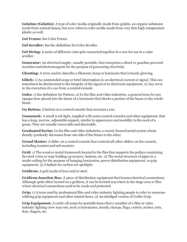 Light and Sound Glossary of theatrical lighting | DOCX | Theater | Fine Art