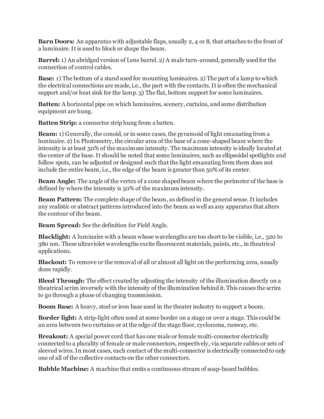 Light and Sound Glossary of theatrical lighting | DOCX | Theater | Fine Art