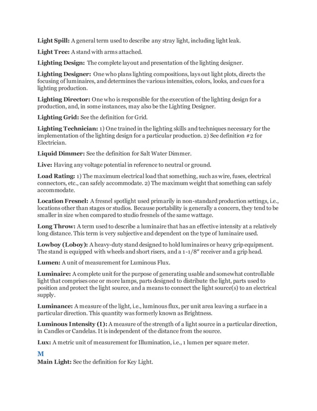Light and Sound Glossary of theatrical lighting | DOCX | Theater | Fine Art