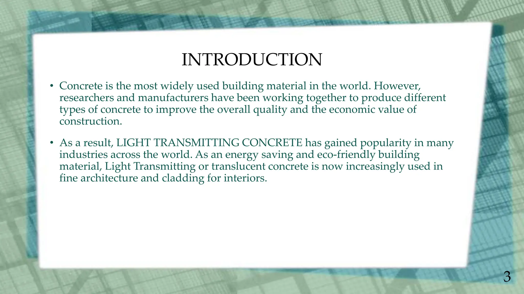 LIGHT TRANSMITTING CONCRETE.pptx nefind fjiij | PPT