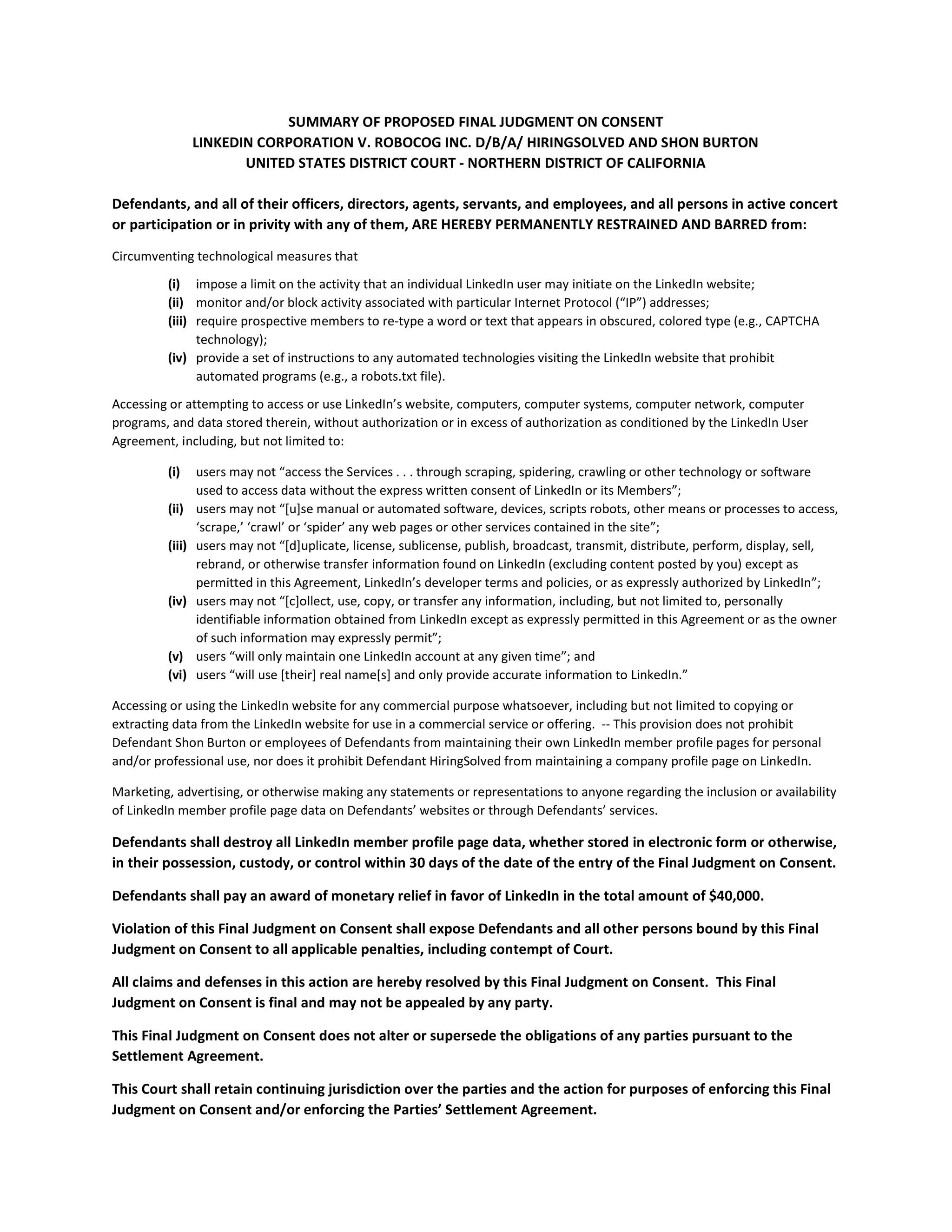LinkedIn v. HiringSolved Judgement Summary | PDF