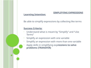 Algebraic like terms - introduction to simplifying | PPTX