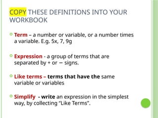 Algebraic like terms - introduction to simplifying | PPTX