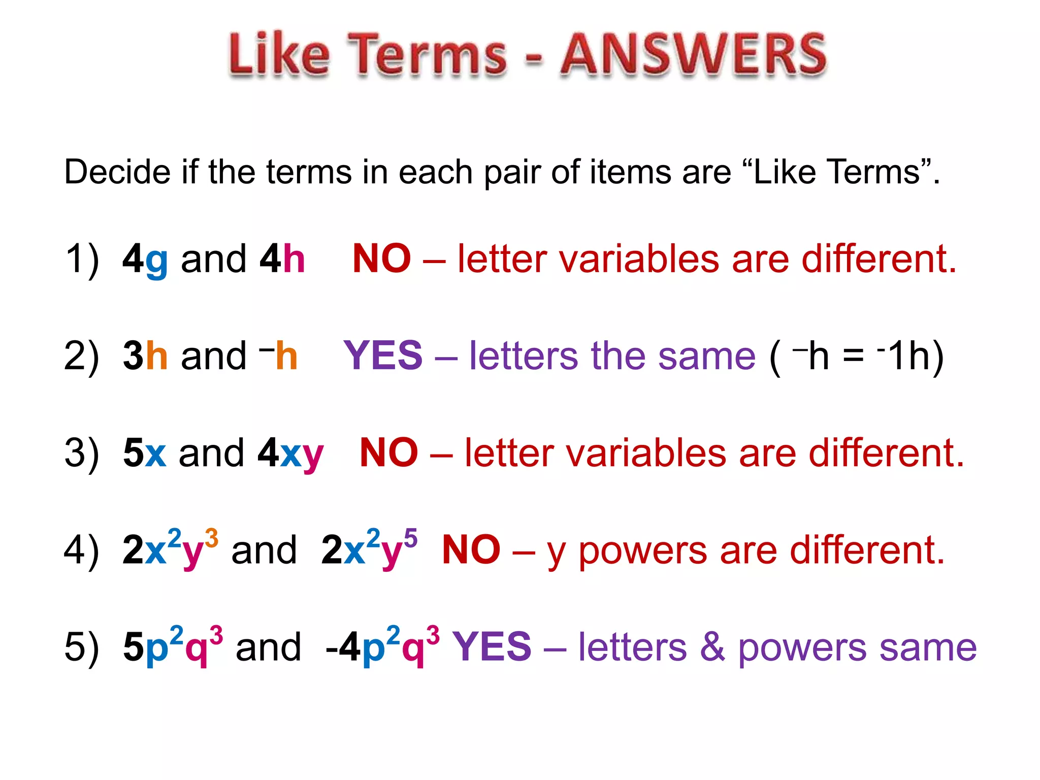 Combining Algebra Like Terms | PPTX