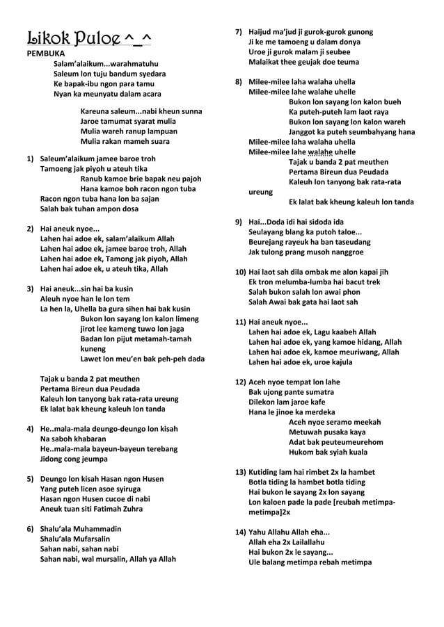 Likok Puloe Dance Song [Acehnist Traditional Dance] | DOCX | Islam ...