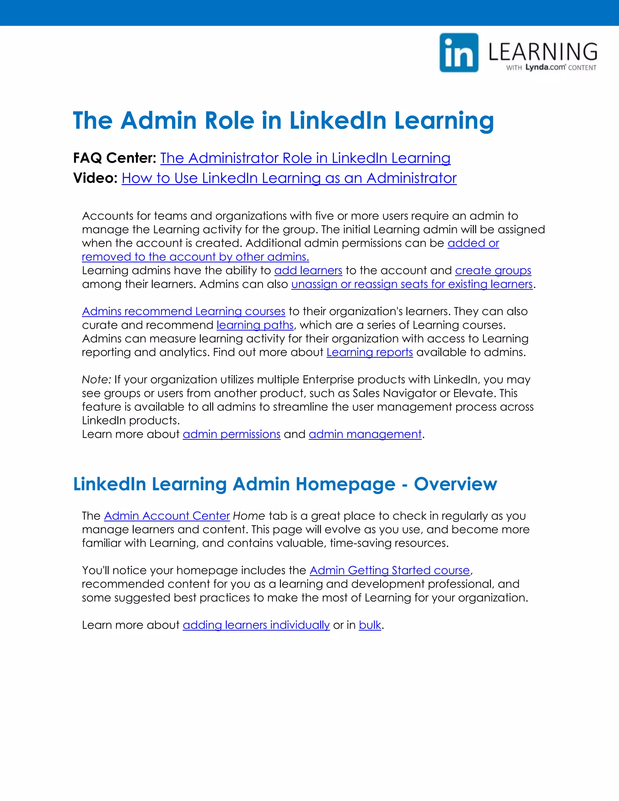 Getting Started as an Administrator in LinkedIn Learning | PDF