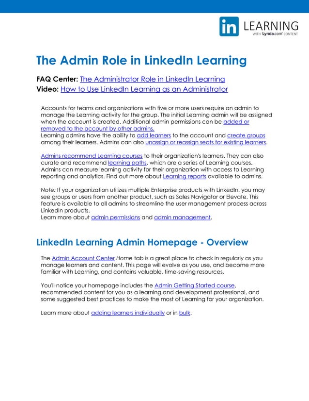 Getting Started as an Administrator in LinkedIn Learning | PDF