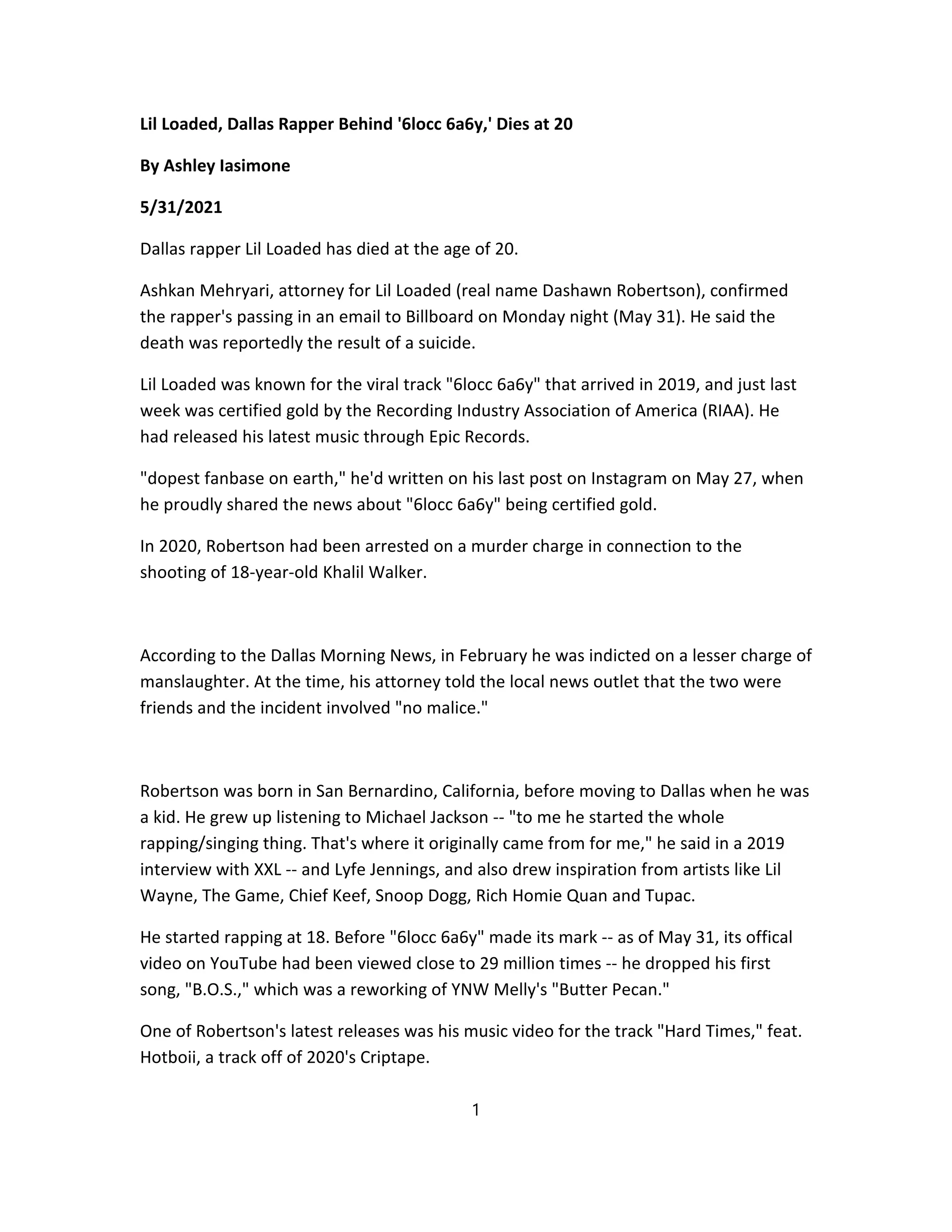 Lil loaded, dallas rapper died @ age 20 | PDF