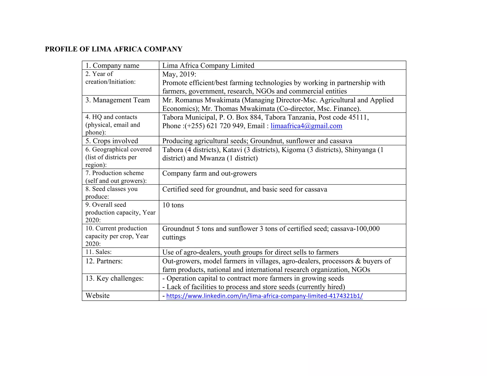 Lima Africa Company LTD Profile and work-plan 2020 2021 | PDF