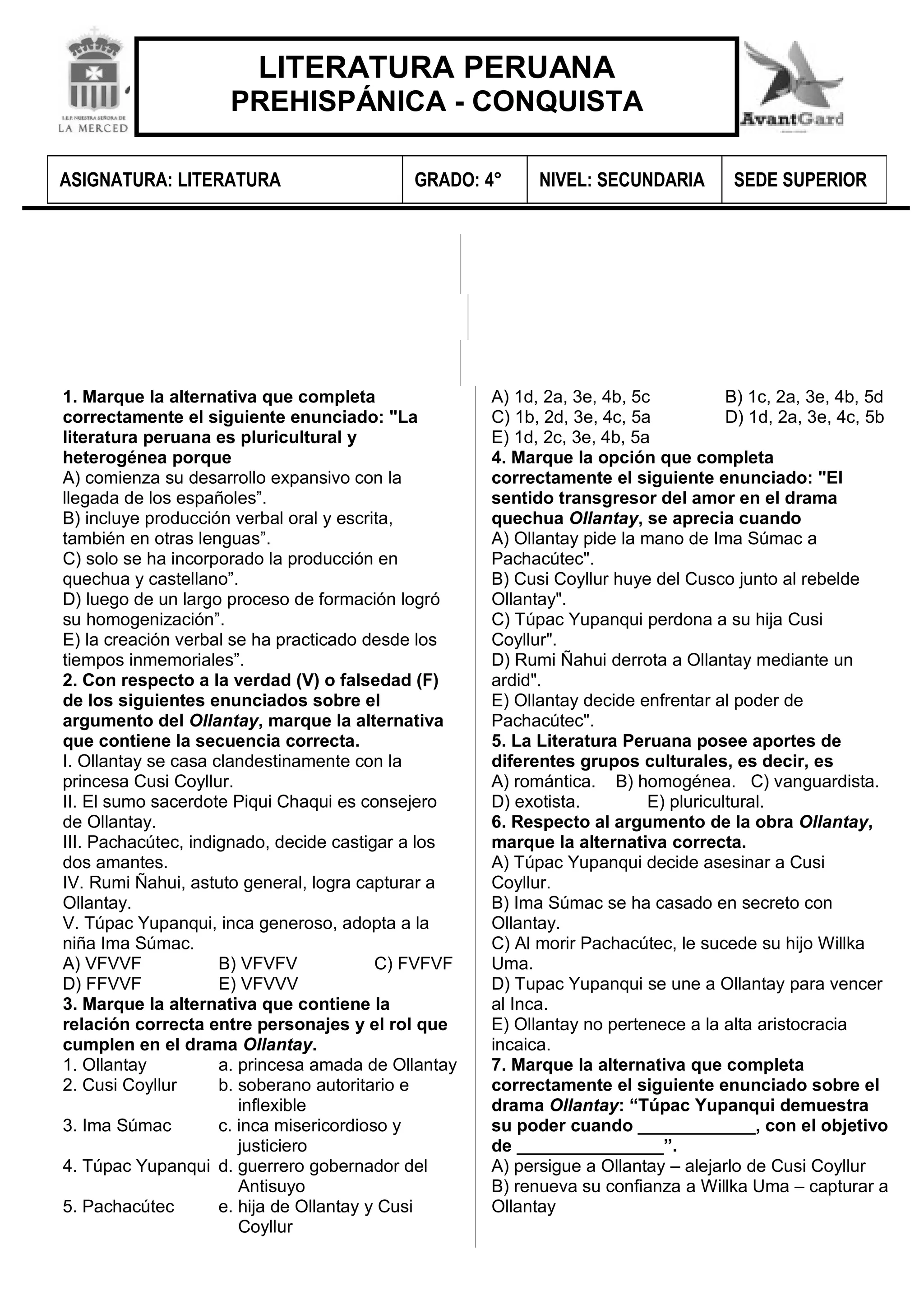 Lima, literatura, prehispánica y conquista, 4°año | DOC