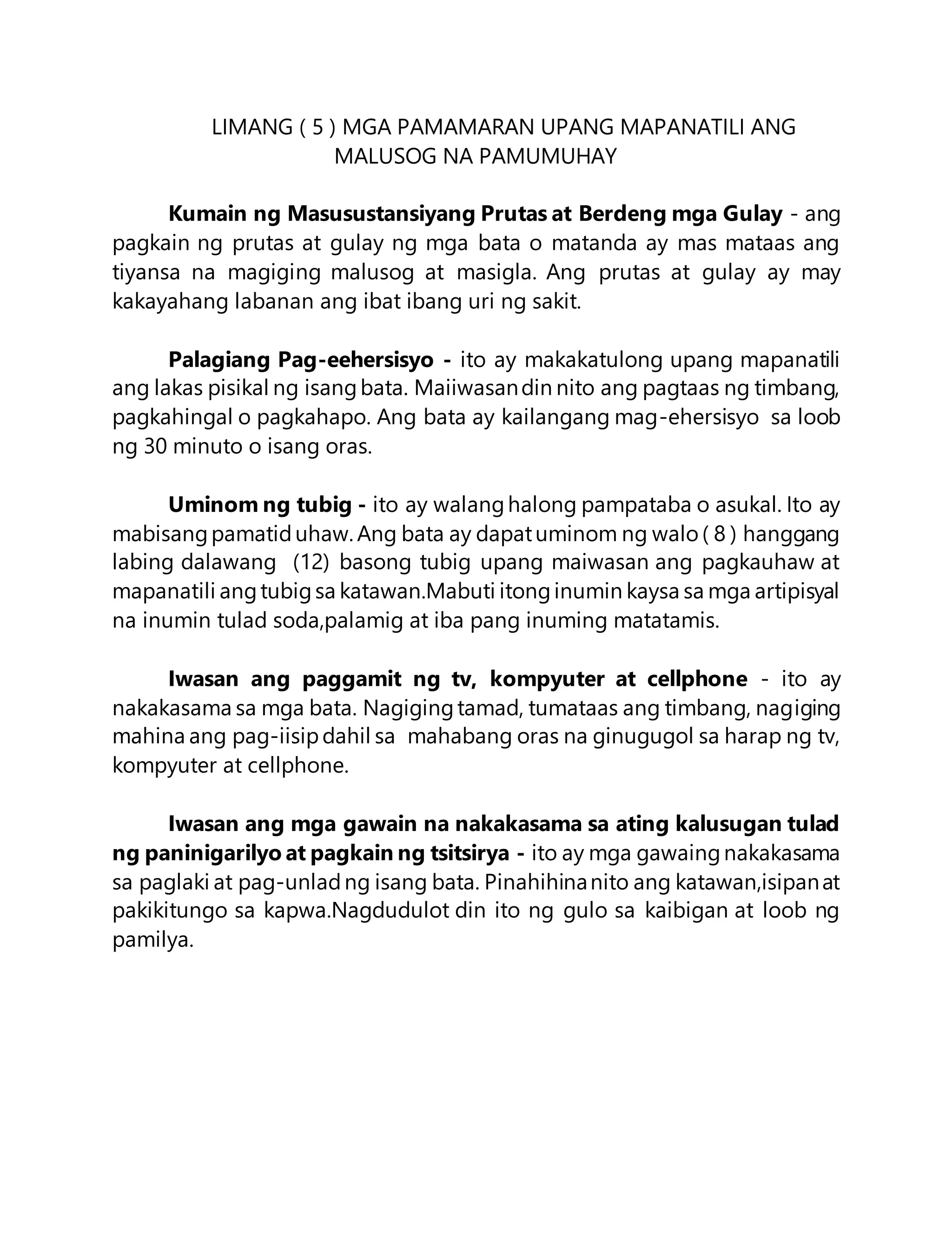 Limang paraan tungo sa malusog na pamumuhay | DOCX